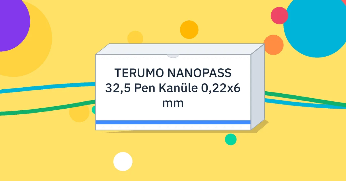Symbolbild: Packung mit der Aufschrift TERUMO NANOPASS 32,5 Pen Kanüle 0,22x6 mm (PZN 20544618) – Verfügbarkeit und Bezug in Apotheken in Frankfurt am Main