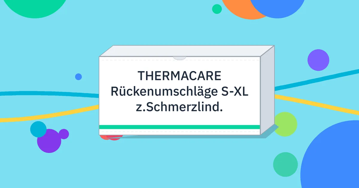 Symbolbild: Packung mit der Aufschrift THERMACARE Rückenumschläge S-XL z.Schmerzlind. (PZN 06683796) – Verfügbarkeit und Bezug in Apotheken in Frankfurt am Main