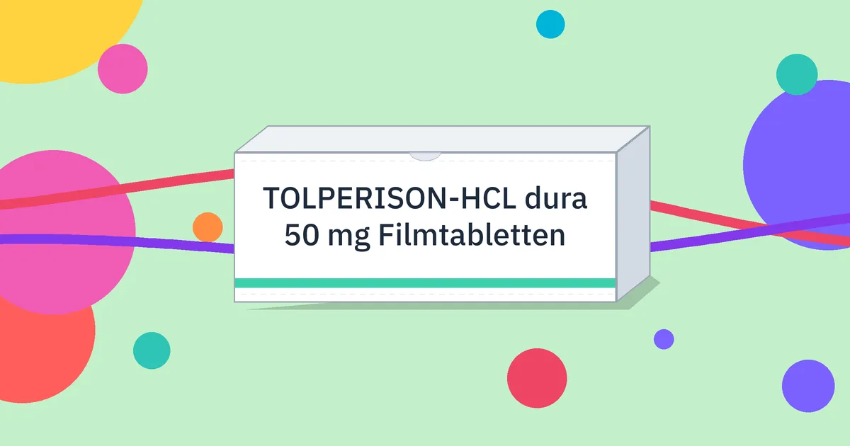 Symbolbild: Packung mit der Aufschrift TOLPERISON-HCL dura 50 mg Filmtabletten (PZN 05360878) – Verfügbarkeit und Bezug in Apotheken in Frankfurt am Main