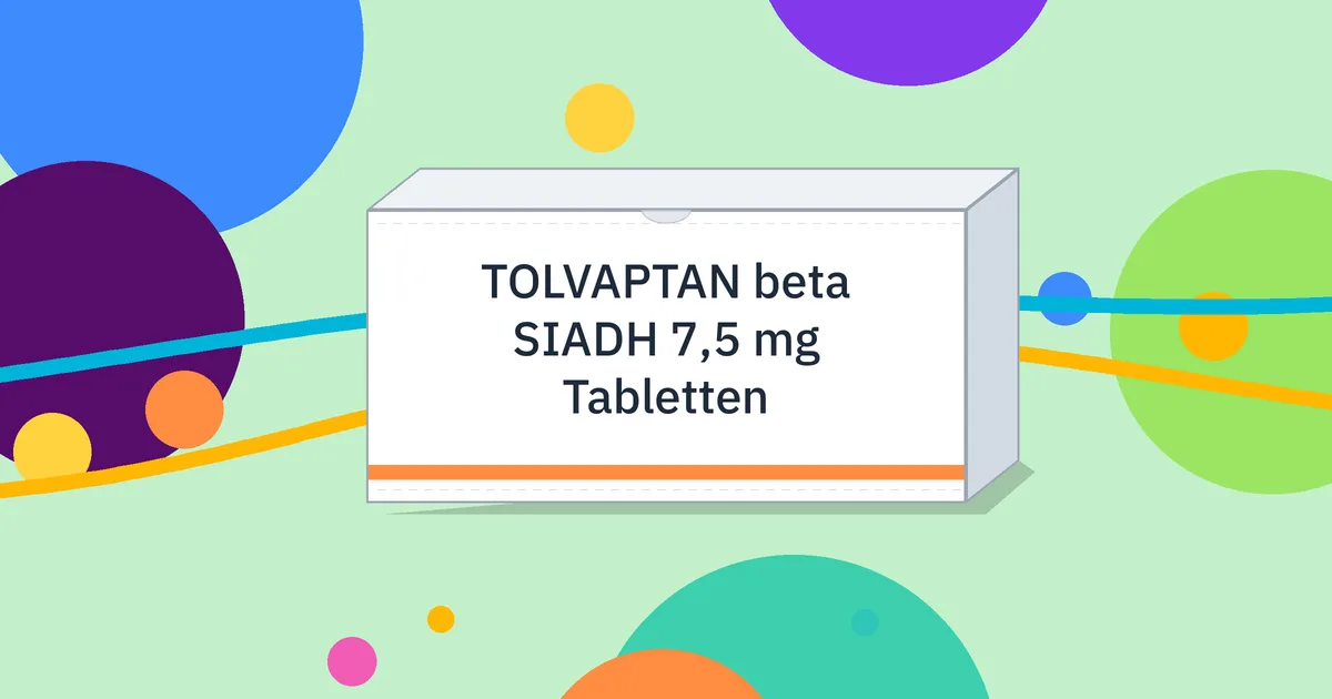 Symbolbild: Packung mit der Aufschrift TOLVAPTAN beta SIADH 7,5 mg Tabletten (PZN 19155426) – Verfügbarkeit und Bezug in Apotheken in Frankfurt am Main