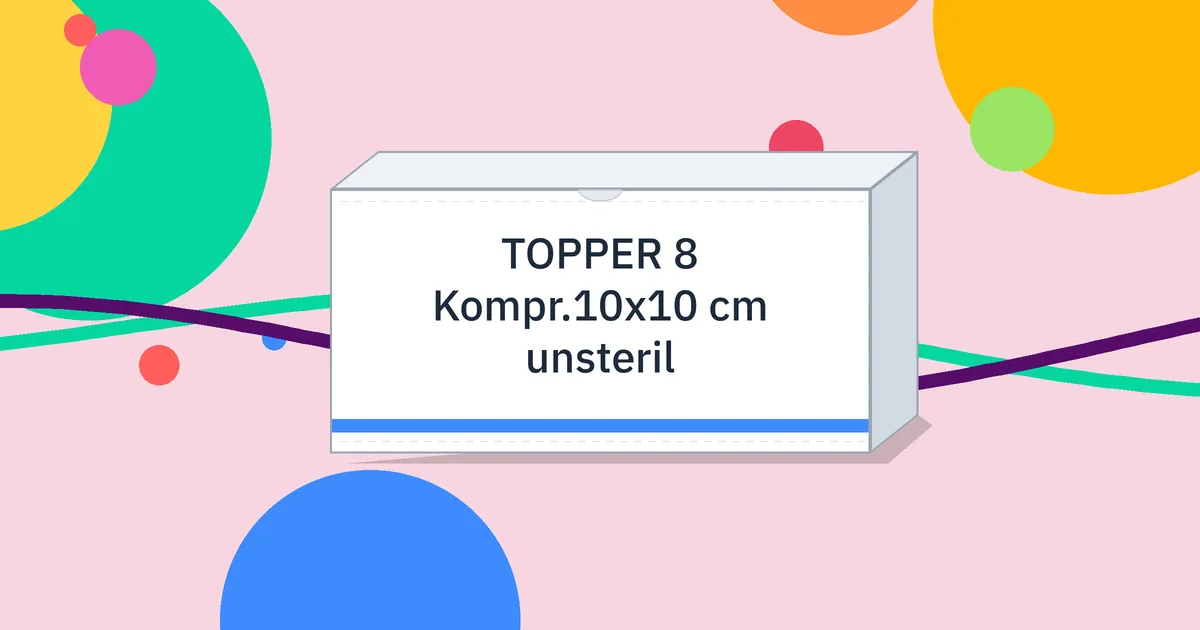 Symbolbild: Packung mit der Aufschrift TOPPER 8 Kompr.10x10 cm unsteril (PZN 03420317) – Verfügbarkeit und Bezug in Apotheken in Frankfurt am Main