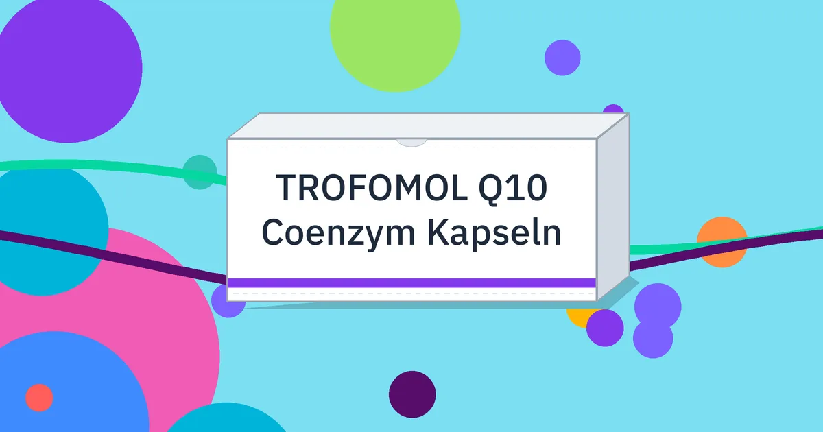 Symbolbild: Packung mit der Aufschrift TROFOMOL Q10 Coenzym Kapseln (PZN 20218445) – Verfügbarkeit und Bezug in Apotheken in Frankfurt am Main
