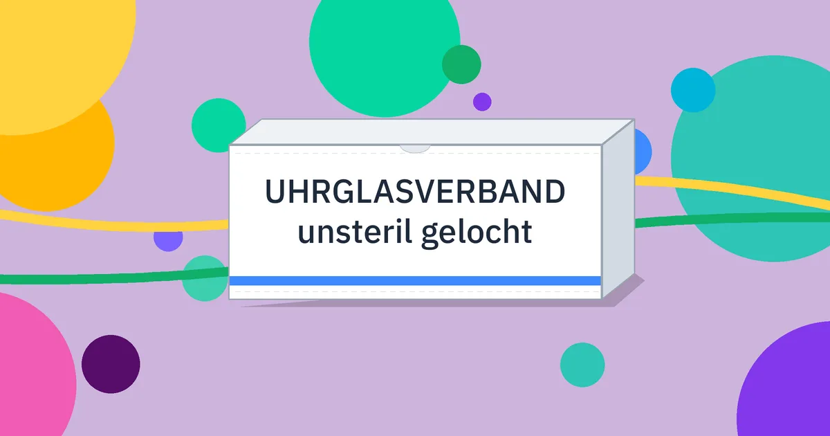 Symbolbild: Packung mit der Aufschrift UHRGLASVERBAND unsteril gelocht (PZN 17834028) – Verfügbarkeit und Bezug in Apotheken in Frankfurt am Main