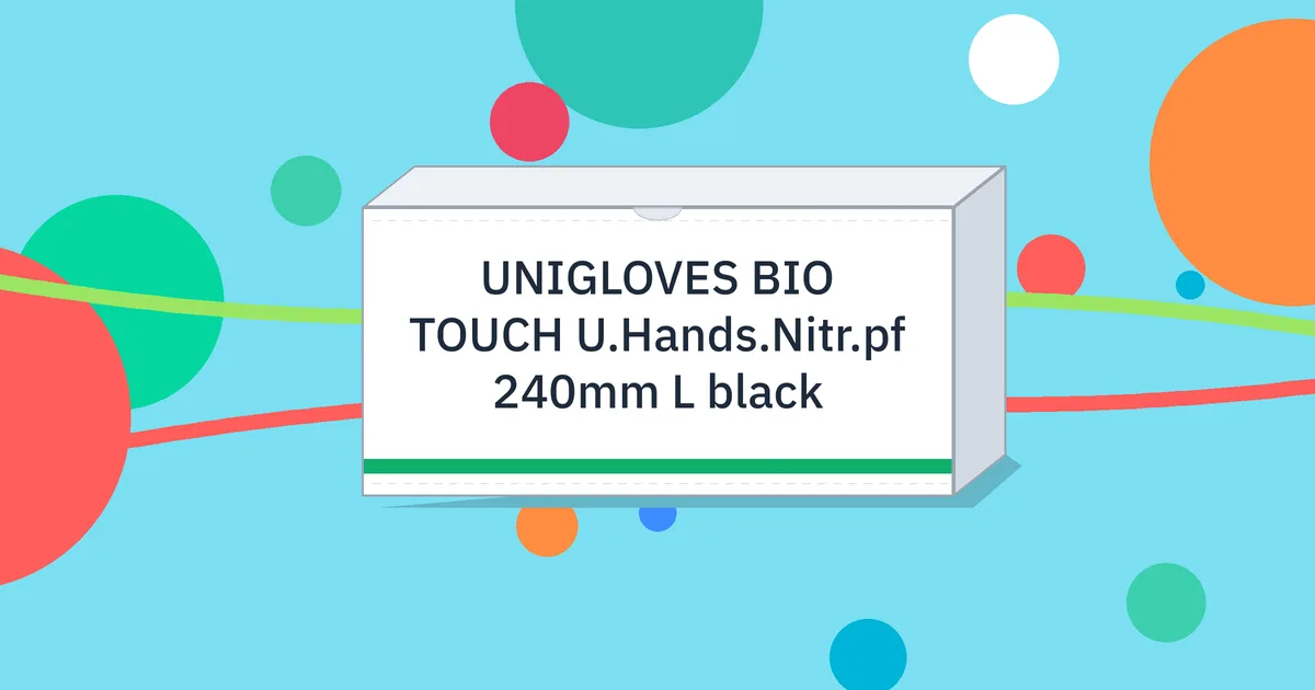 Symbolbild: Packung mit der Aufschrift UNIGLOVES BIO TOUCH U.Hands.Nitr.pf 240mm L black (PZN 19638484) – Verfügbarkeit und Bezug in Apotheken in Frankfurt am Main