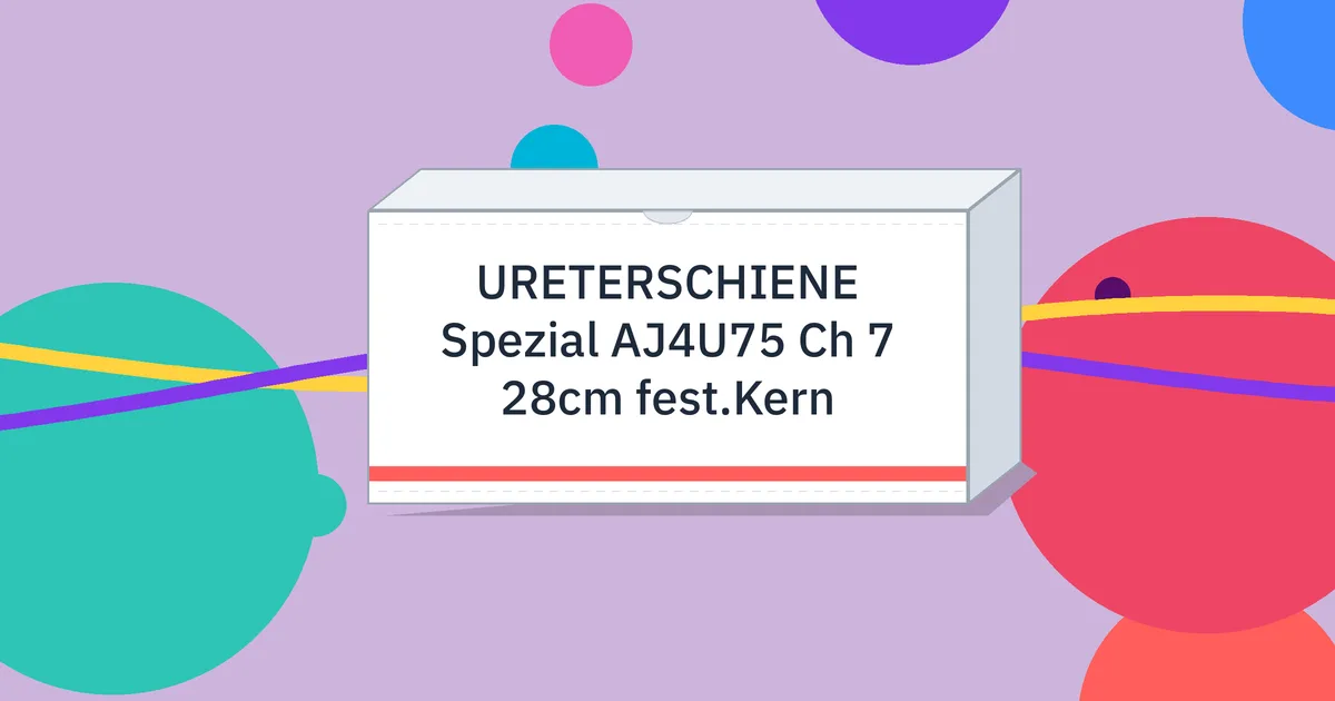 Symbolbild: Packung mit der Aufschrift URETERSCHIENE Spezial AJ4U75 Ch 7 28cm fest.Kern (PZN 00506260) – Verfügbarkeit und Bezug in Apotheken in Frankfurt am Main