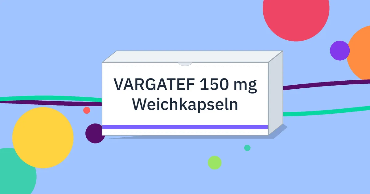 Symbolbild: Packung mit der Aufschrift VARGATEF 150 mg Weichkapseln (PZN 19433925) – Verfügbarkeit und Bezug in Apotheken in Frankfurt am Main
