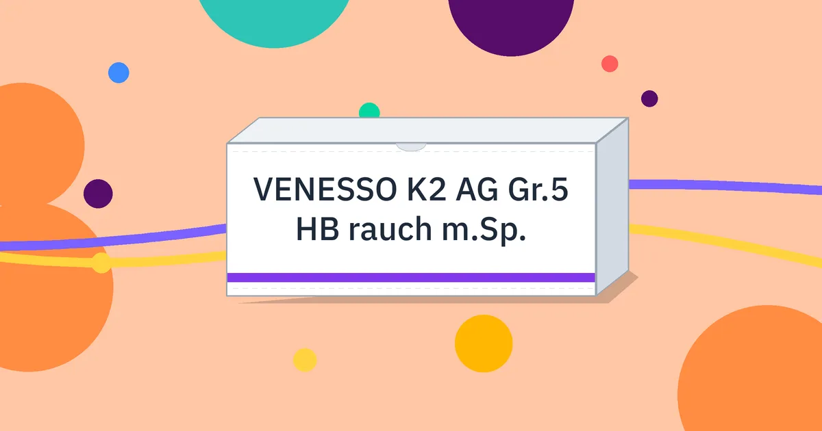 Symbolbild: Packung mit der Aufschrift VENESSO K2 AG Gr.5 HB rauch m.Sp. (PZN 03262580) – Verfügbarkeit und Bezug in Apotheken in Frankfurt am Main