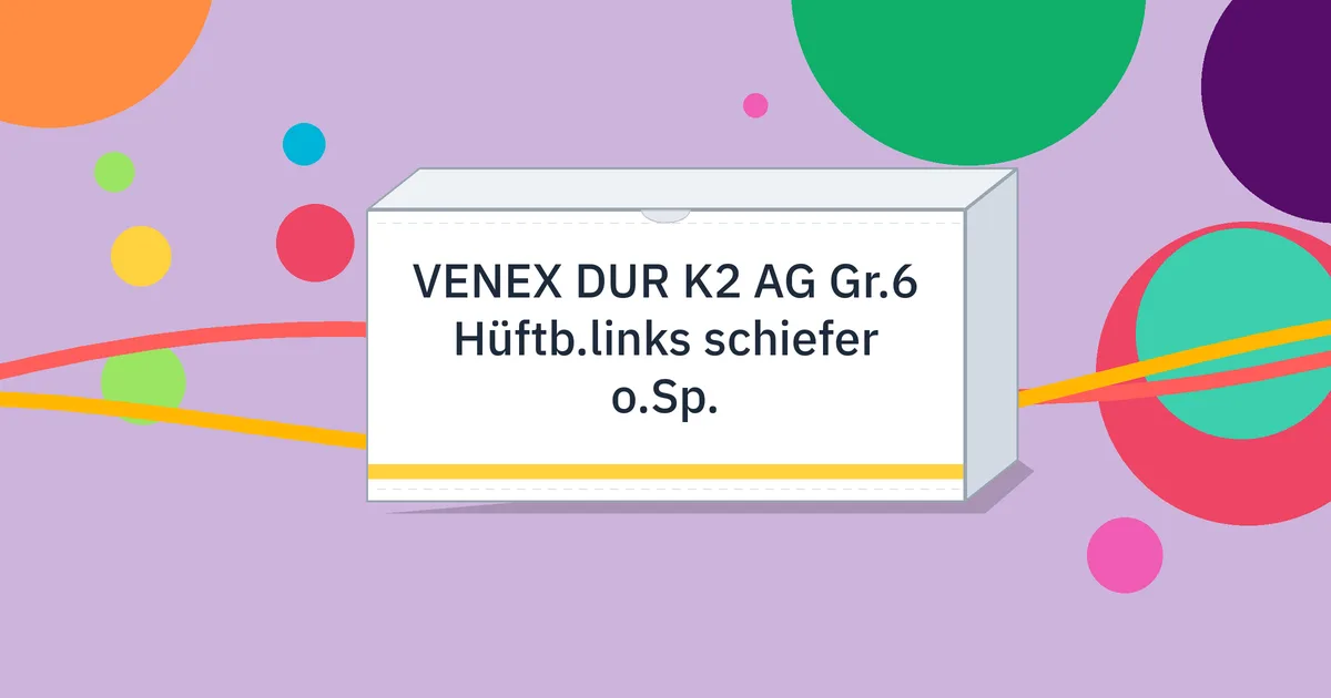Symbolbild: Packung mit der Aufschrift VENEX DUR K2 AG Gr.6 Hüftb.links schiefer o.Sp. (PZN 03232610) – Verfügbarkeit und Bezug in Apotheken in Frankfurt am Main