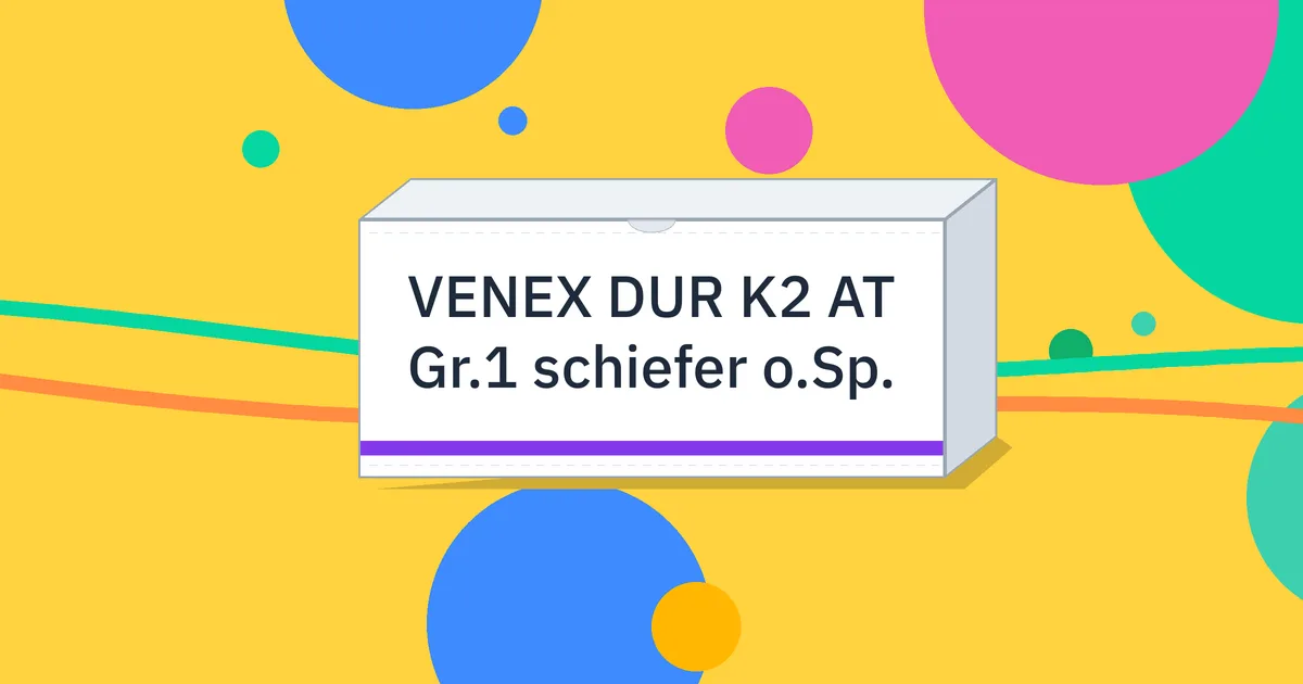 Symbolbild: Packung mit der Aufschrift VENEX DUR K2 AT Gr.1 schiefer o.Sp. (PZN 03224705) – Verfügbarkeit und Bezug in Apotheken in Frankfurt am Main