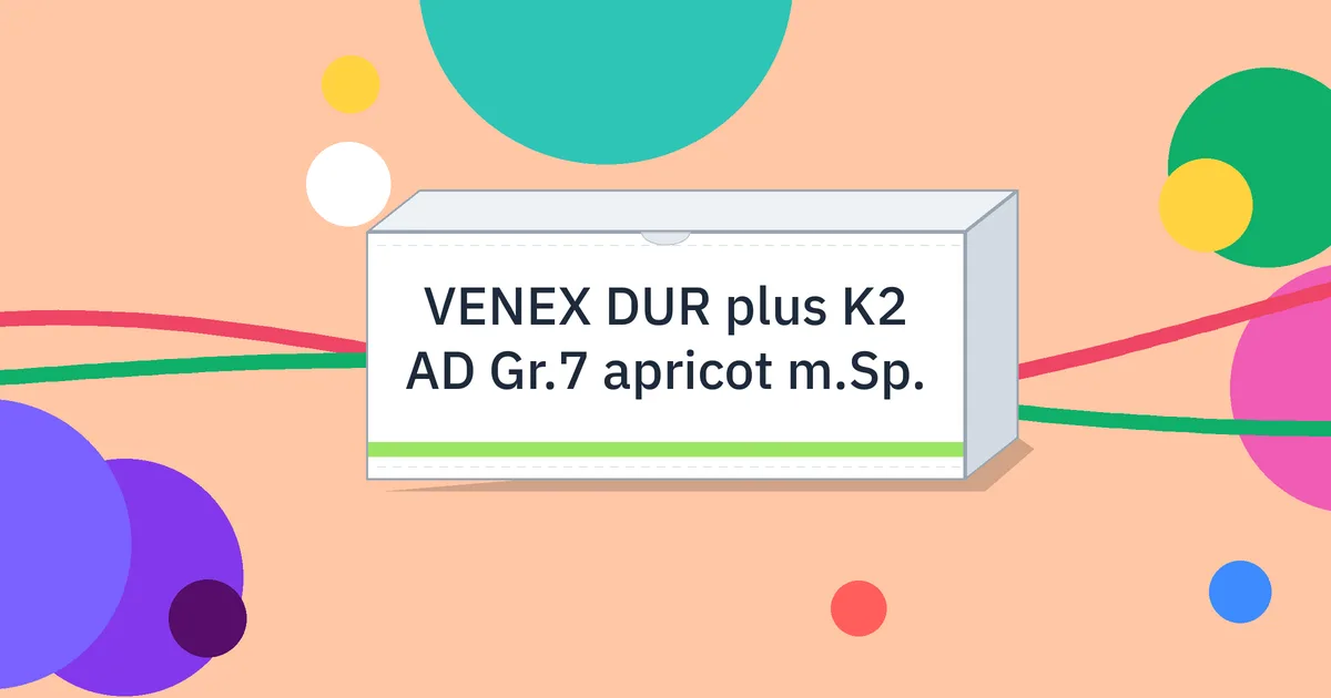 Symbolbild: Packung mit der Aufschrift VENEX DUR plus K2 AD Gr.7 apricot m.Sp. (PZN 03233319) – Verfügbarkeit und Bezug in Apotheken in Frankfurt am Main