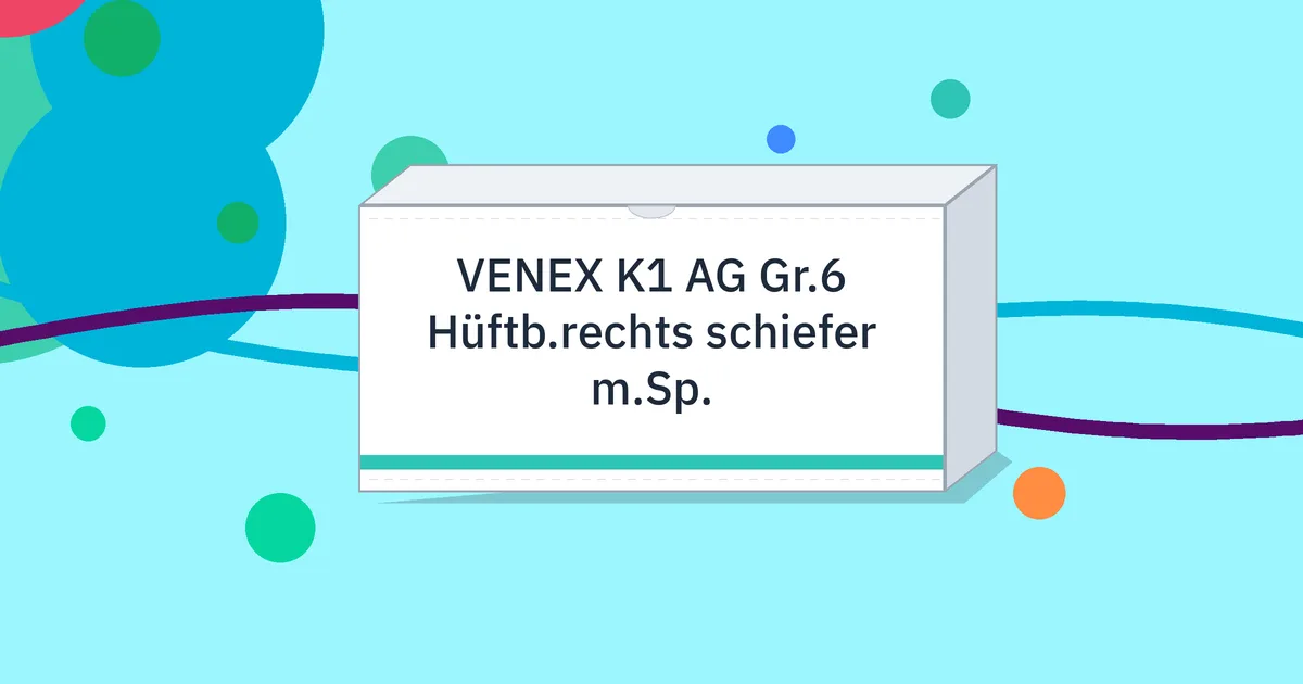 Symbolbild: Packung mit der Aufschrift VENEX K1 AG Gr.6 Hüftb.rechts schiefer m.Sp. (PZN 03203413) – Verfügbarkeit und Bezug in Apotheken in Frankfurt am Main