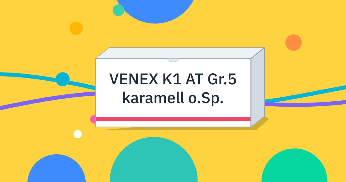 Symbolbild: Packung mit der Aufschrift VENEX K1 AT Gr.5 karamell o.Sp. (PZN 13759270) – Verfügbarkeit und Bezug in Apotheken in Frankfurt am Main