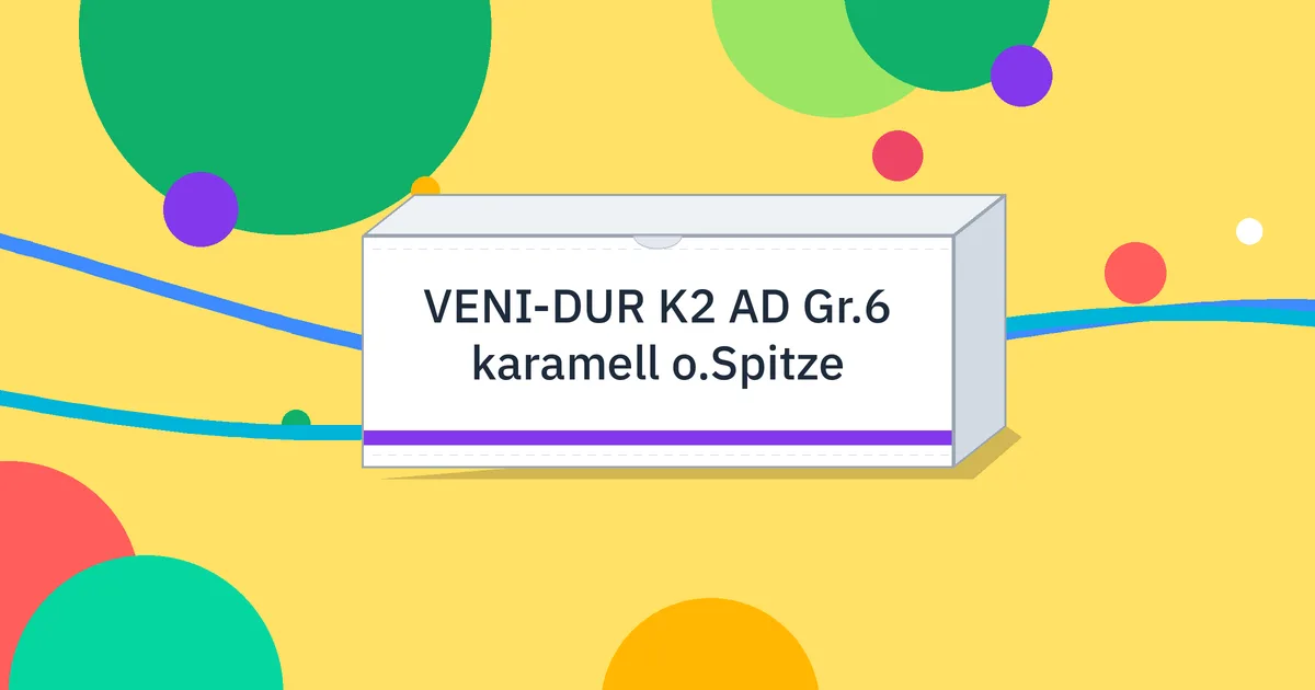Symbolbild: Packung mit der Aufschrift VENI-DUR K2 AD Gr.6 karamell o.Spitze (PZN 13756337) – Verfügbarkeit und Bezug in Apotheken in Frankfurt am Main