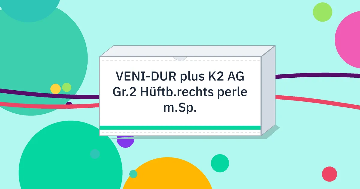 Symbolbild: Packung mit der Aufschrift VENI-DUR plus K2 AG Gr.2 Hüftb.rechts perle m.Sp. (PZN 03255746) – Verfügbarkeit und Bezug in Apotheken in Frankfurt am Main
