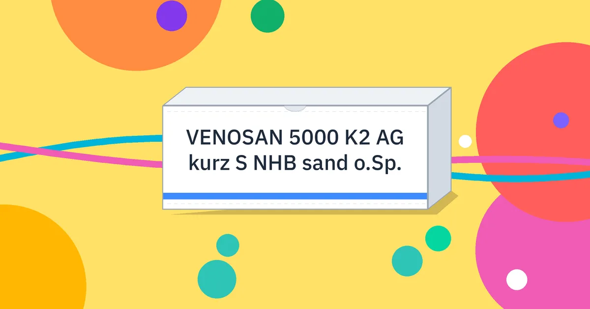 Symbolbild: Packung mit der Aufschrift VENOSAN 5000 K2 AG kurz S NHB sand o.Sp. (PZN 14428954) – Verfügbarkeit und Bezug in Apotheken in Frankfurt am Main