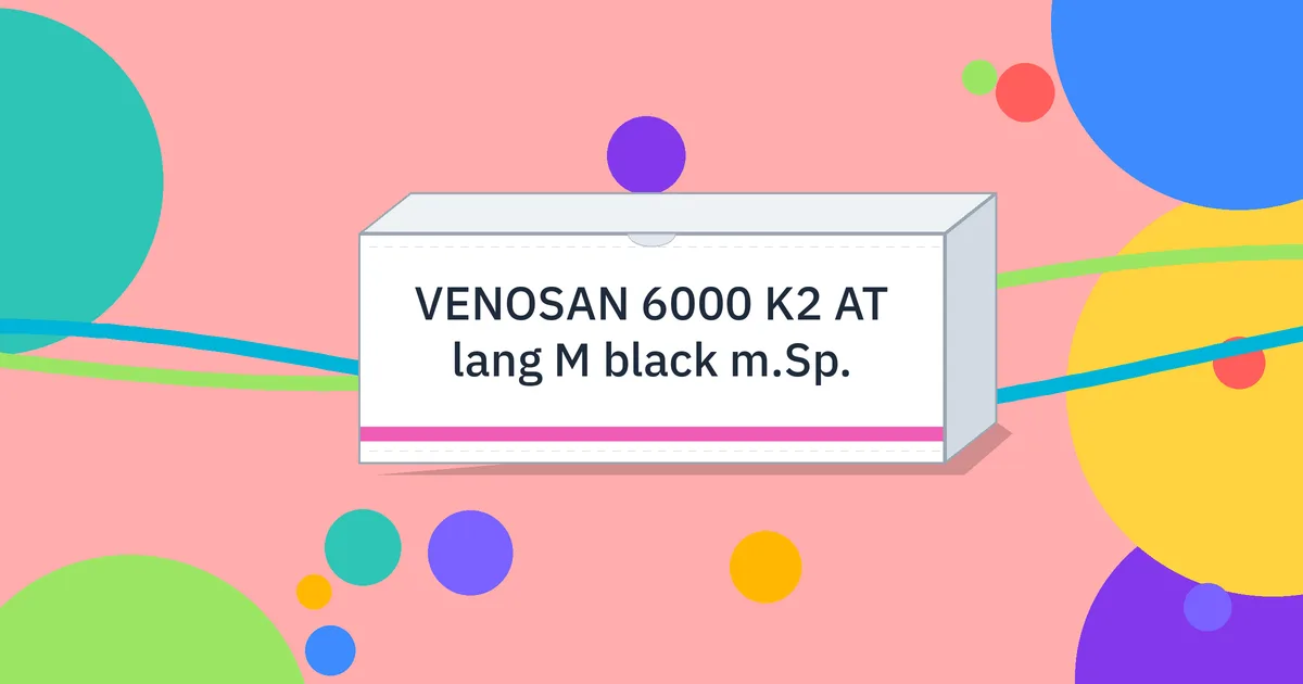 Symbolbild: Packung mit der Aufschrift VENOSAN 6000 K2 AT lang M black m.Sp. (PZN 17173265) – Verfügbarkeit und Bezug in Apotheken in Frankfurt am Main