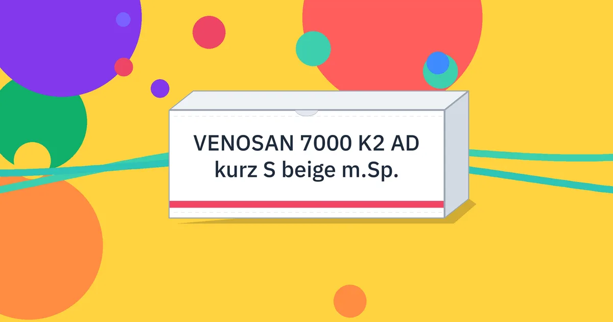 Symbolbild: Packung mit der Aufschrift VENOSAN 7000 K2 AD kurz S beige m.Sp. (PZN 14434274) – Verfügbarkeit und Bezug in Apotheken in Frankfurt am Main