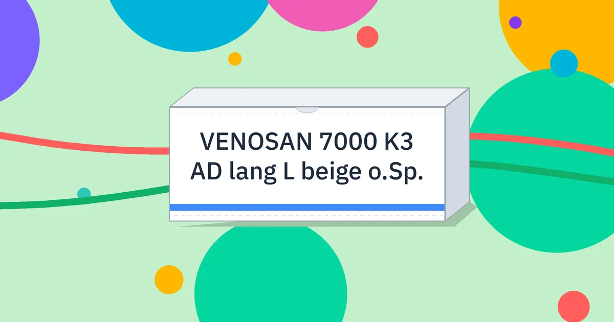Symbolbild: Packung mit der Aufschrift VENOSAN 7000 K3 AD lang L beige o.Sp. (PZN 14434966) – Verfügbarkeit und Bezug in Apotheken in Frankfurt am Main