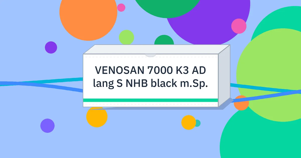 Symbolbild: Packung mit der Aufschrift VENOSAN 7000 K3 AD lang S NHB black m.Sp. (PZN 14436327) – Verfügbarkeit und Bezug in Apotheken in Frankfurt am Main