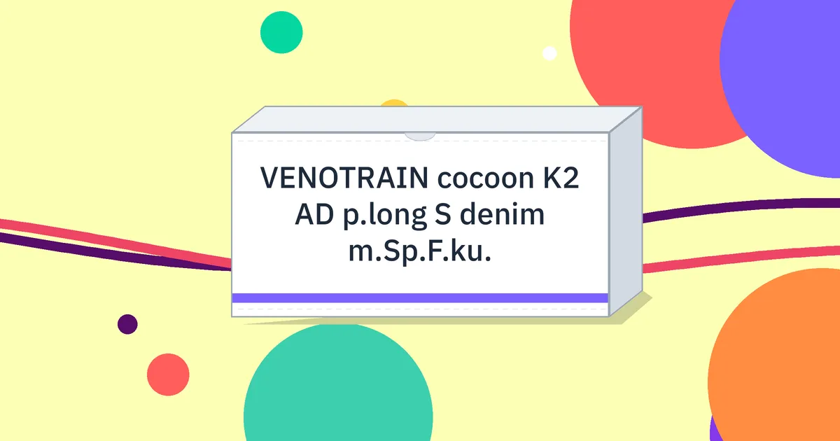 Symbolbild: Packung mit der Aufschrift VENOTRAIN cocoon K2 AD p.long S denim m.Sp.F.ku. (PZN 19199027) – Verfügbarkeit und Bezug in Apotheken in Frankfurt am Main