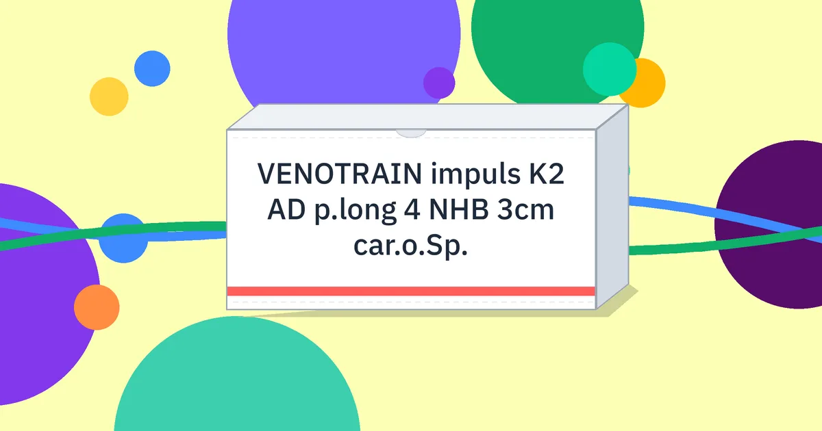 Symbolbild: Packung mit der Aufschrift VENOTRAIN impuls K2 AD p.long 4 NHB 3cm car.o.Sp. (PZN 08434034) – Verfügbarkeit und Bezug in Apotheken in Frankfurt am Main