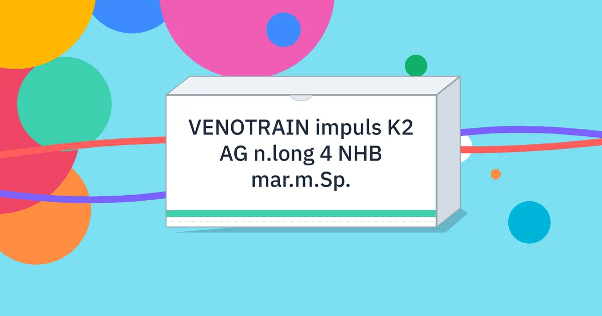 Symbolbild: Packung mit der Aufschrift VENOTRAIN impuls K2 AG n.long 4 NHB mar.m.Sp. (PZN 15214132) – Verfügbarkeit und Bezug in Apotheken in Frankfurt am Main