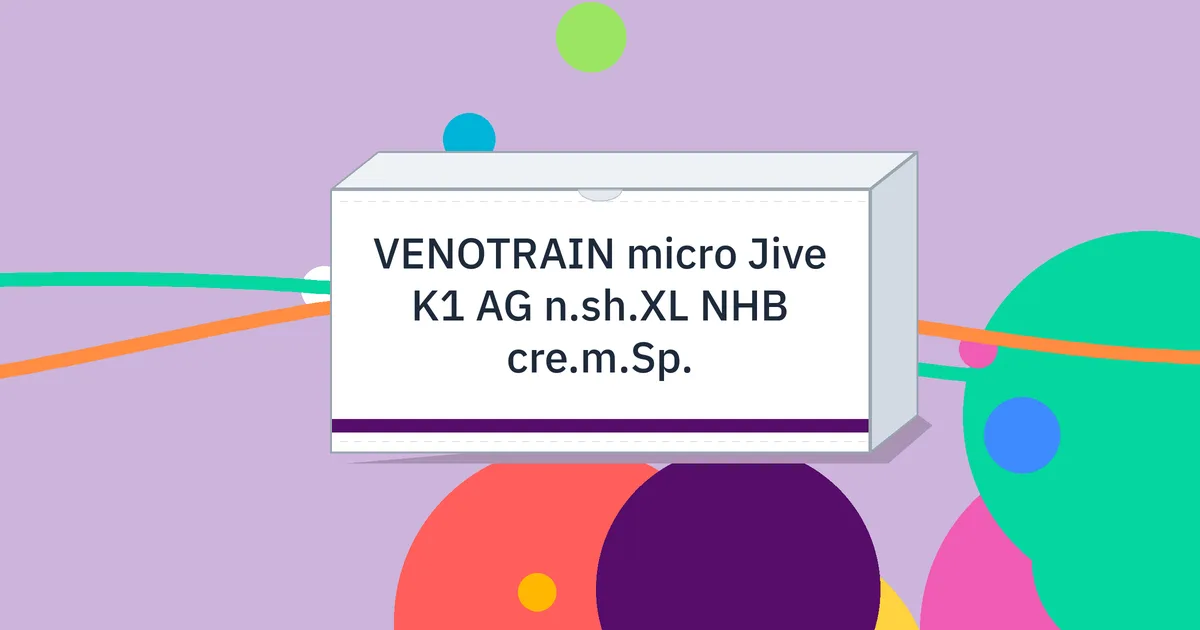 Symbolbild: Packung mit der Aufschrift VENOTRAIN micro Jive K1 AG n.sh.XL NHB cre.m.Sp. (PZN 17763340) – Verfügbarkeit und Bezug in Apotheken in Frankfurt am Main