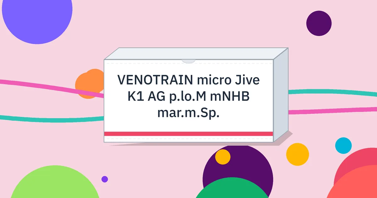 Symbolbild: Packung mit der Aufschrift VENOTRAIN micro Jive K1 AG p.lo.M mNHB mar.m.Sp. (PZN 17761915) – Verfügbarkeit und Bezug in Apotheken in Frankfurt am Main
