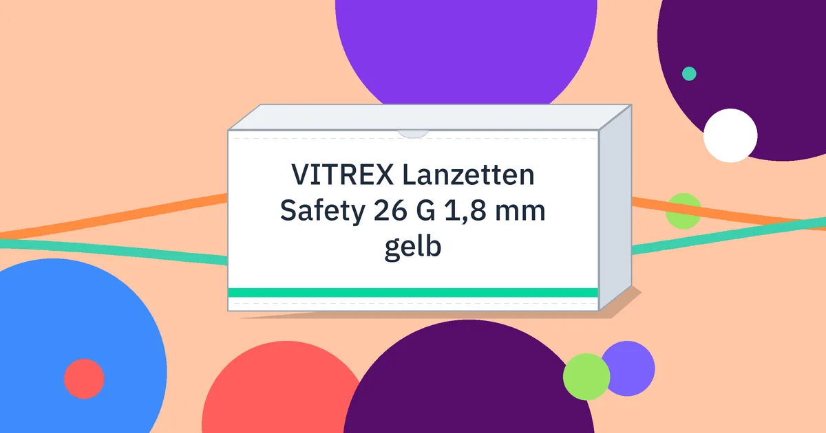 Symbolbild: Packung mit der Aufschrift VITREX Lanzetten Safety 26 G 1,8 mm gelb (PZN 09678235) – Verfügbarkeit und Bezug in Apotheken in Frankfurt am Main