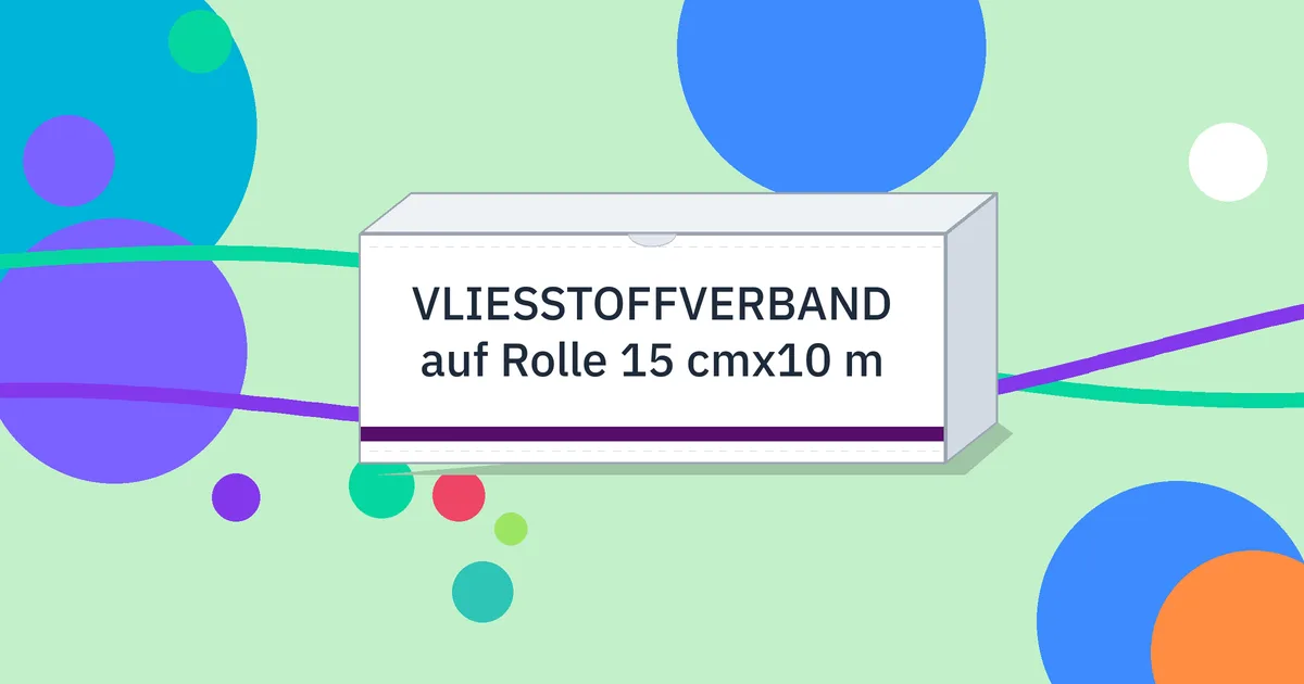 Symbolbild: Packung mit der Aufschrift VLIESSTOFFVERBAND auf Rolle 15 cmx10 m (PZN 18260150) – Verfügbarkeit und Bezug in Apotheken in Frankfurt am Main
