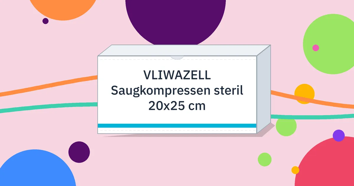Symbolbild: Packung mit der Aufschrift VLIWAZELL Saugkompressen steril 20x25 cm (PZN 05855692) – Verfügbarkeit und Bezug in Apotheken in Frankfurt am Main