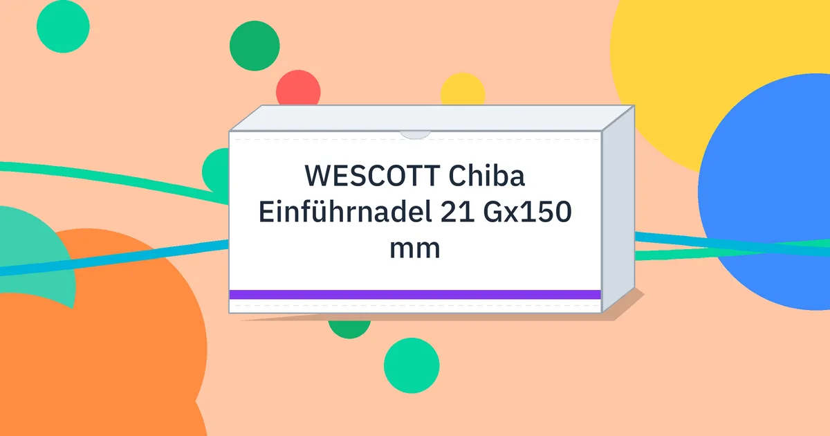 Symbolbild: Packung mit der Aufschrift WESCOTT Chiba Einführnadel 21 Gx150 mm (PZN 16920694) – Verfügbarkeit und Bezug in Apotheken in Frankfurt am Main