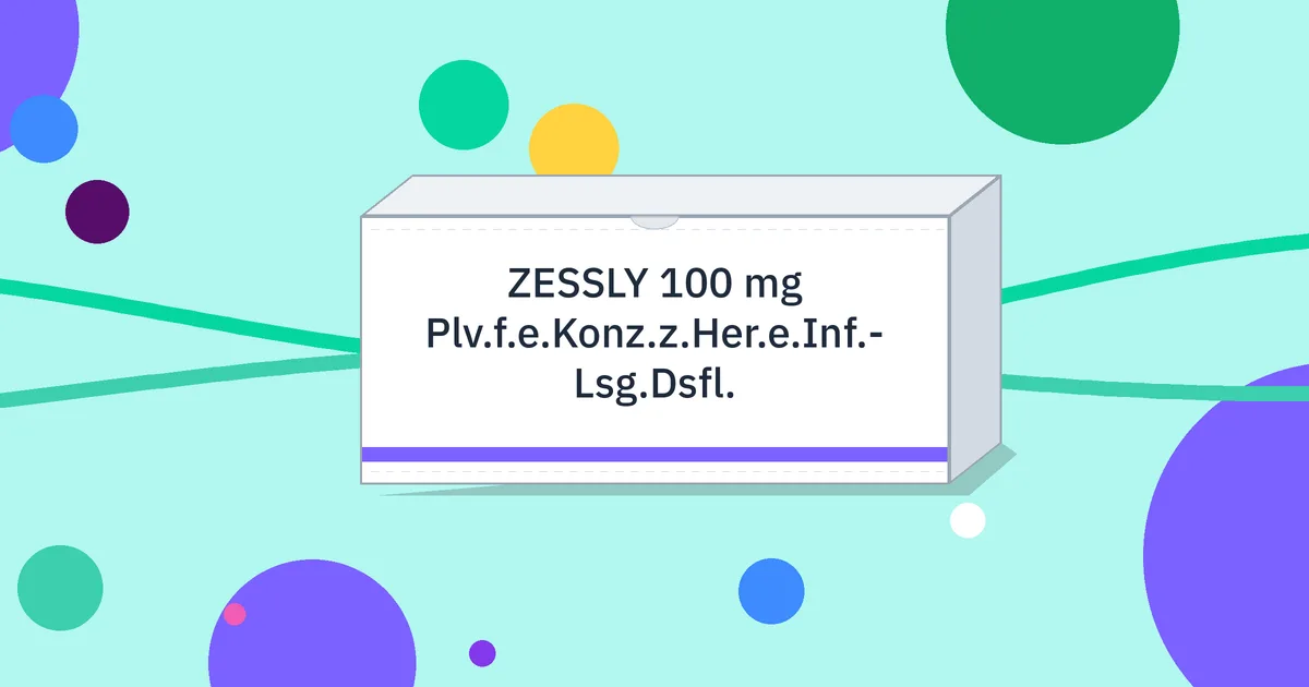 Symbolbild: Packung mit der Aufschrift ZESSLY 100 mg Plv.f.e.Konz.z.Her.e.Inf.-Lsg.Dsfl. (PZN 16945837) – Verfügbarkeit und Bezug in Apotheken in Frankfurt am Main