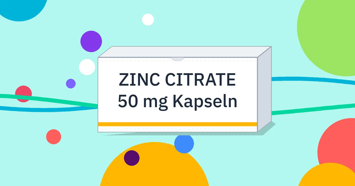 Symbolbild: Packung mit der Aufschrift ZINC CITRATE 50 mg Kapseln (PZN 16800197) – Verfügbarkeit und Bezug in Apotheken in Frankfurt am Main