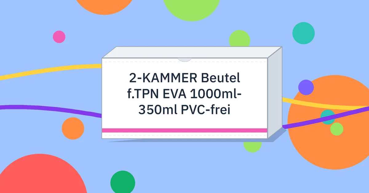 Symbolbild: Packung mit der Aufschrift 2-KAMMER Beutel f.TPN EVA 1000ml-350ml PVC-frei (PZN 19503637) – Verfügbarkeit und Bezug in Apotheken in Frankfurt am Main
