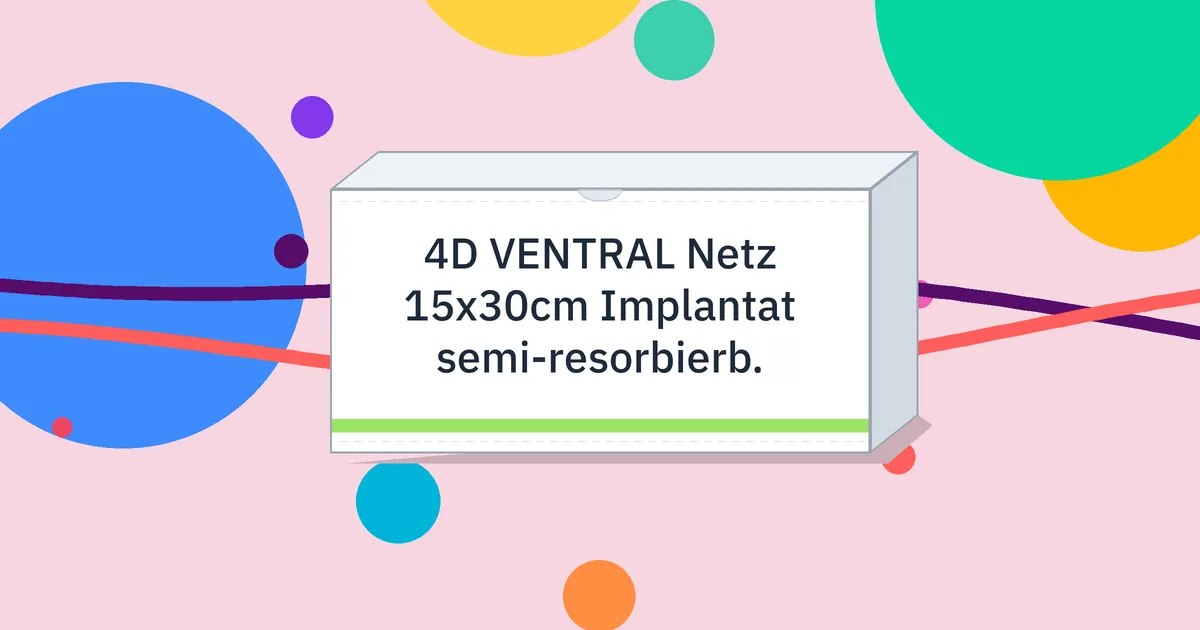 Symbolbild: Packung mit der Aufschrift 4D VENTRAL Netz 15x30cm Implantat semi-resorbierb. (PZN 19504588) – Verfügbarkeit und Bezug in Apotheken in Frankfurt am Main