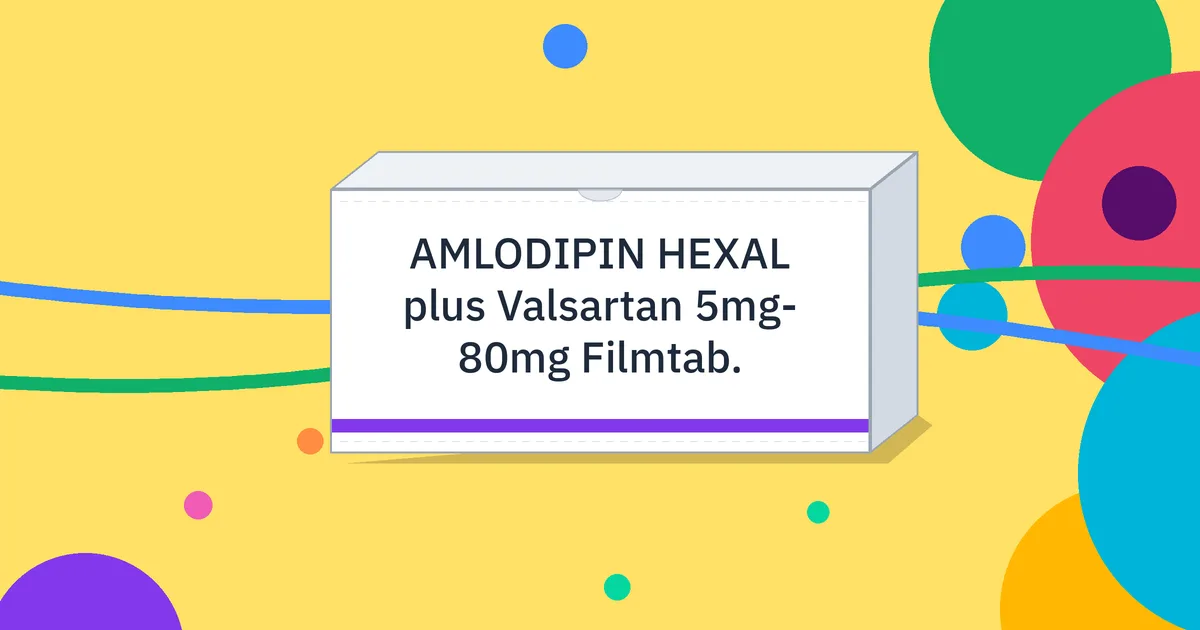 Symbolbild: Packung mit der Aufschrift AMLODIPIN HEXAL plus Valsartan 5mg-80mg Filmtab. (PZN 12550734) – Verfügbarkeit und Bezug in Apotheken in Frankfurt am Main