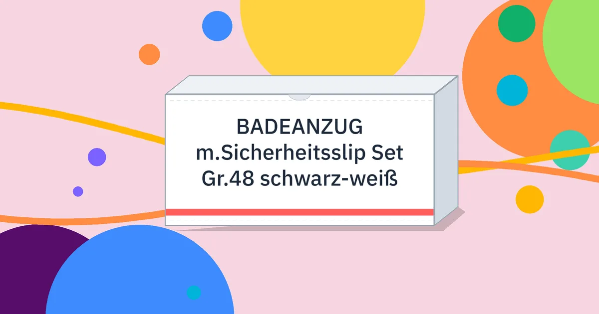 Symbolbild: Packung mit der Aufschrift BADEANZUG m.Sicherheitsslip Set Gr.48 schwarz-weiß (PZN 15263768) – Verfügbarkeit und Bezug in Apotheken in Frankfurt am Main