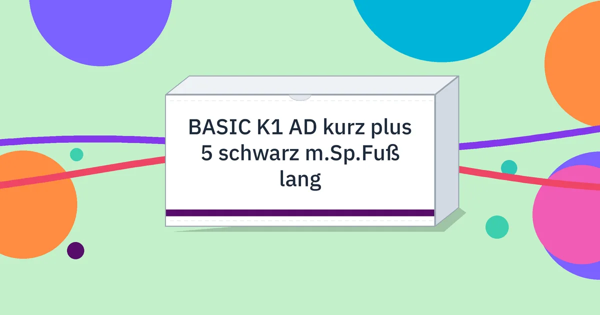 Symbolbild: Packung mit der Aufschrift BASIC K1 AD kurz plus 5 schwarz m.Sp.Fuß lang (PZN 20258746) – Verfügbarkeit und Bezug in Apotheken in Frankfurt am Main