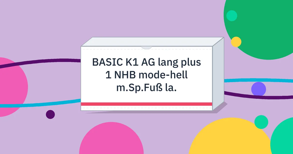 Symbolbild: Packung mit der Aufschrift BASIC K1 AG lang plus 1 NHB mode-hell m.Sp.Fuß la. (PZN 20259705) – Verfügbarkeit und Bezug in Apotheken in Frankfurt am Main
