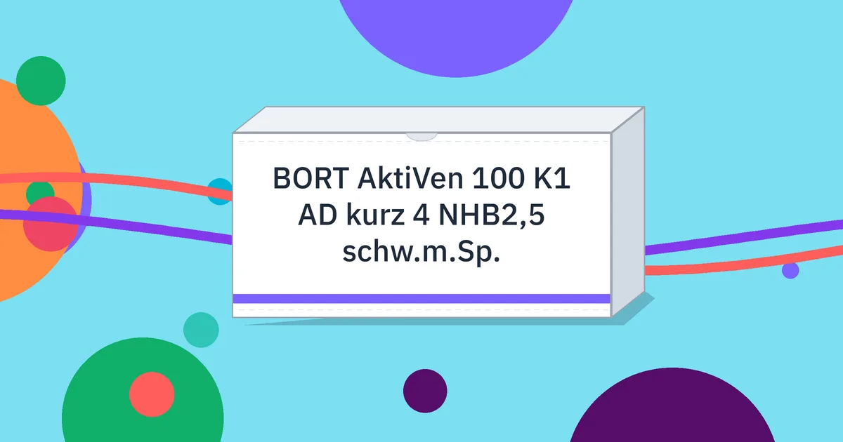 Symbolbild: Packung mit der Aufschrift BORT AktiVen 100 K1 AD kurz 4 NHB2,5 schw.m.Sp. (PZN 17502237) – Verfügbarkeit und Bezug in Apotheken in Frankfurt am Main