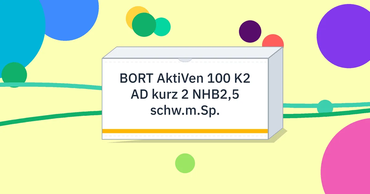 Symbolbild: Packung mit der Aufschrift BORT AktiVen 100 K2 AD kurz 2 NHB2,5 schw.m.Sp. (PZN 17501870) – Verfügbarkeit und Bezug in Apotheken in Frankfurt am Main