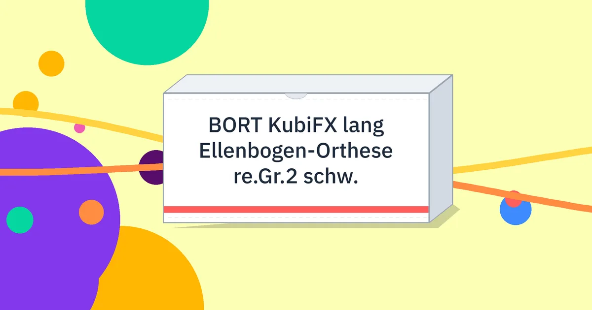 Symbolbild: Packung mit der Aufschrift BORT KubiFX lang Ellenbogen-Orthese re.Gr.2 schw. (PZN 04195710) – Verfügbarkeit und Bezug in Apotheken in Frankfurt am Main