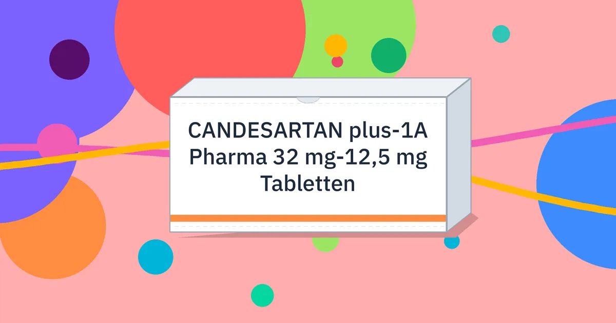 Symbolbild: Packung mit der Aufschrift CANDESARTAN plus-1A Pharma 32 mg-12,5 mg Tabletten (PZN 05996257) – Verfügbarkeit und Bezug in Apotheken in Frankfurt am Main