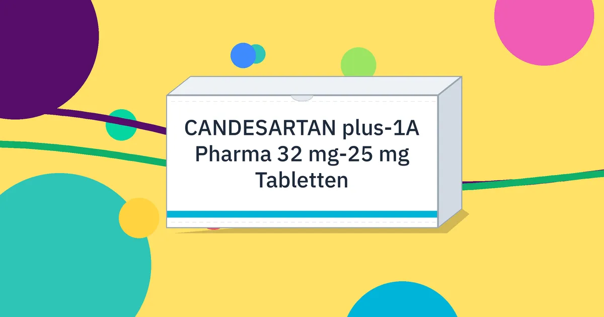 Symbolbild: Packung mit der Aufschrift CANDESARTAN plus-1A Pharma 32 mg-25 mg Tabletten (PZN 06079155) – Verfügbarkeit und Bezug in Apotheken in Frankfurt am Main