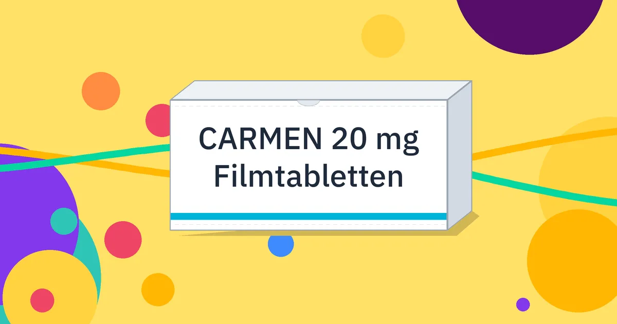 Symbolbild: Packung mit der Aufschrift CARMEN 20 mg Filmtabletten (PZN 00544438) – Verfügbarkeit und Bezug in Apotheken in Frankfurt am Main