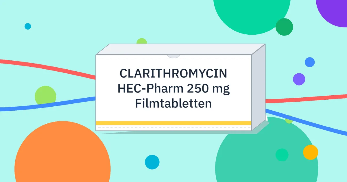 Symbolbild: Packung mit der Aufschrift CLARITHROMYCIN HEC-Pharm 250 mg Filmtabletten (PZN 12872751) – Verfügbarkeit und Bezug in Apotheken in Frankfurt am Main