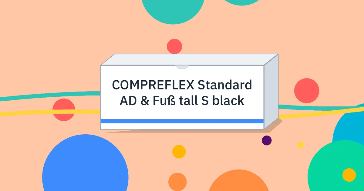 Symbolbild: Packung mit der Aufschrift COMPREFLEX Standard AD & Fuß tall S black (PZN 19534158) – Verfügbarkeit und Bezug in Apotheken in Frankfurt am Main