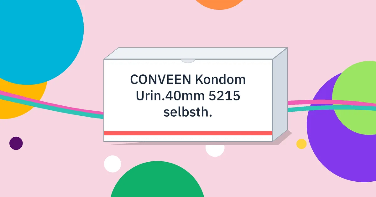 Symbolbild: Packung mit der Aufschrift CONVEEN Kondom Urin.40mm 5215 selbsth. (PZN 08527209) – Verfügbarkeit und Bezug in Apotheken in Frankfurt am Main
