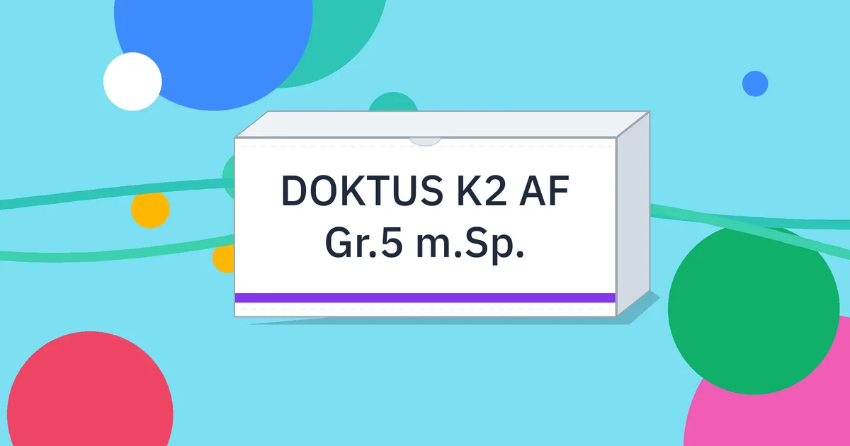 Symbolbild: Packung mit der Aufschrift DOKTUS K2 AF Gr.5 m.Sp. (PZN 03309092) – Verfügbarkeit und Bezug in Apotheken in Frankfurt am Main